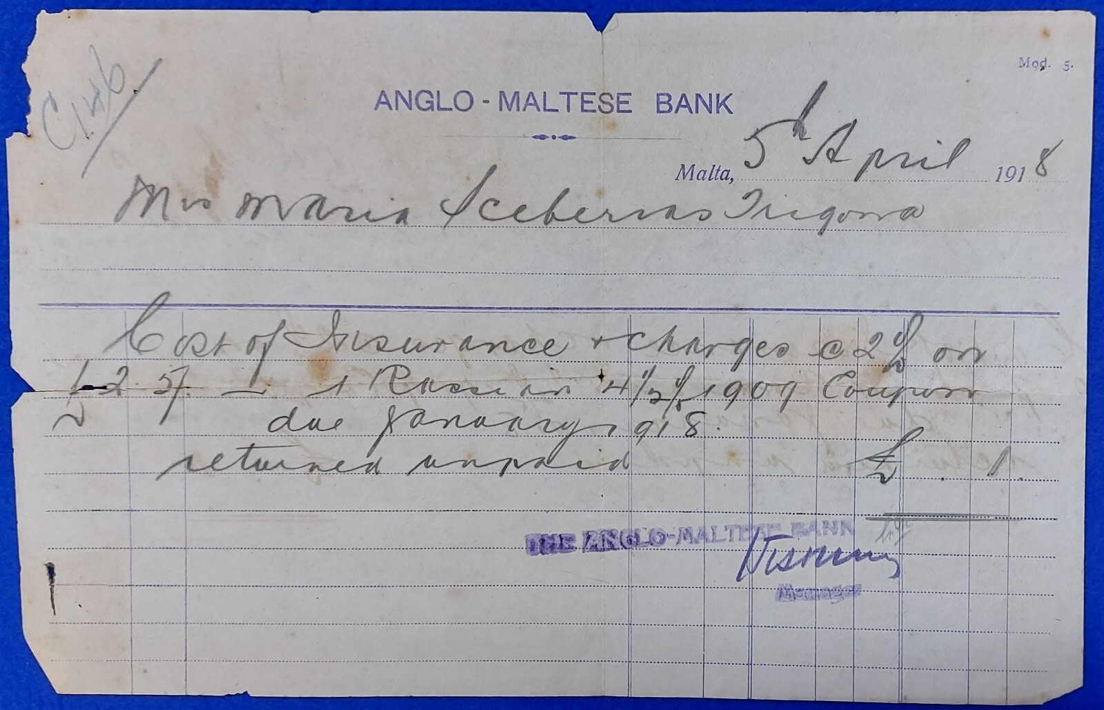 1918 Malta, Anglo -Maltese Bank, Insurance Invoice Receipt, 1d KGV Paid ...