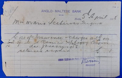 1918 Malta, Anglo -Maltese Bank, Insurance Invoice Receipt, 1d KGV Paid ...