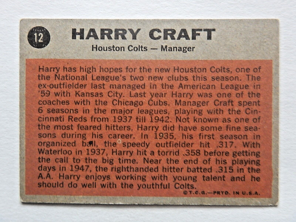 Harry Craft #12 Topps 1962 Baseball Card (Houston Colts)* E | eBay