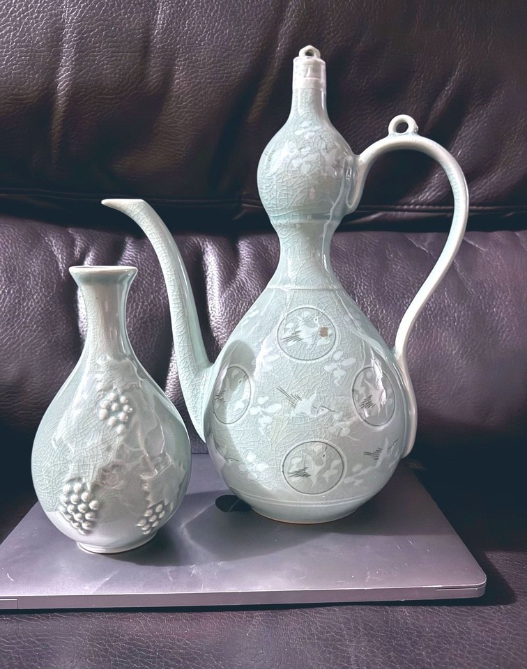 Signed Korean Celadon Ewer & Vase Set – Crackle Glaze, Crane & Grape ...