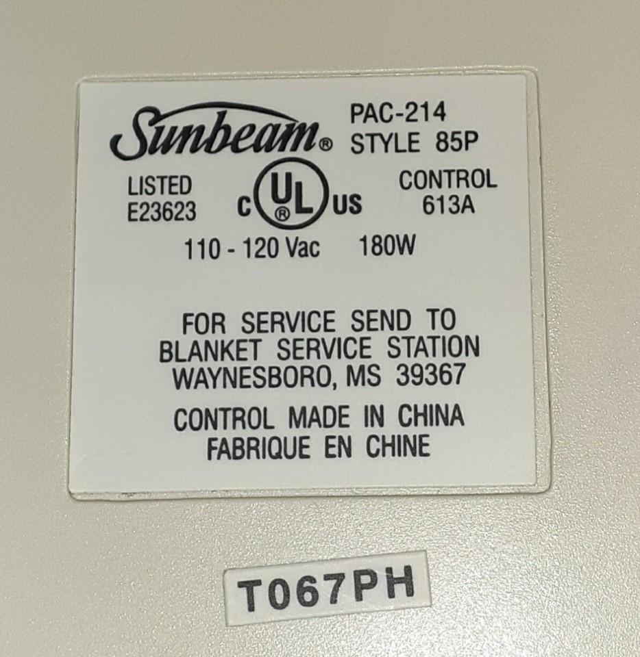 Sunbeam Remote Style 85P Heating Electric Blanket 3-Prong White Color ...