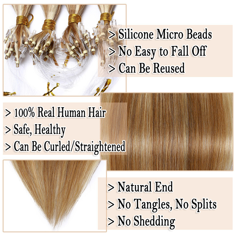 Micro Ring Loop Hair Extensions Micro Beads 100% Real Human Hair Link ...