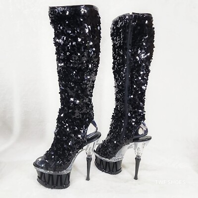 Pleaser Spiky Black Sequin Knee Boots Spiked Design Platform | eBay