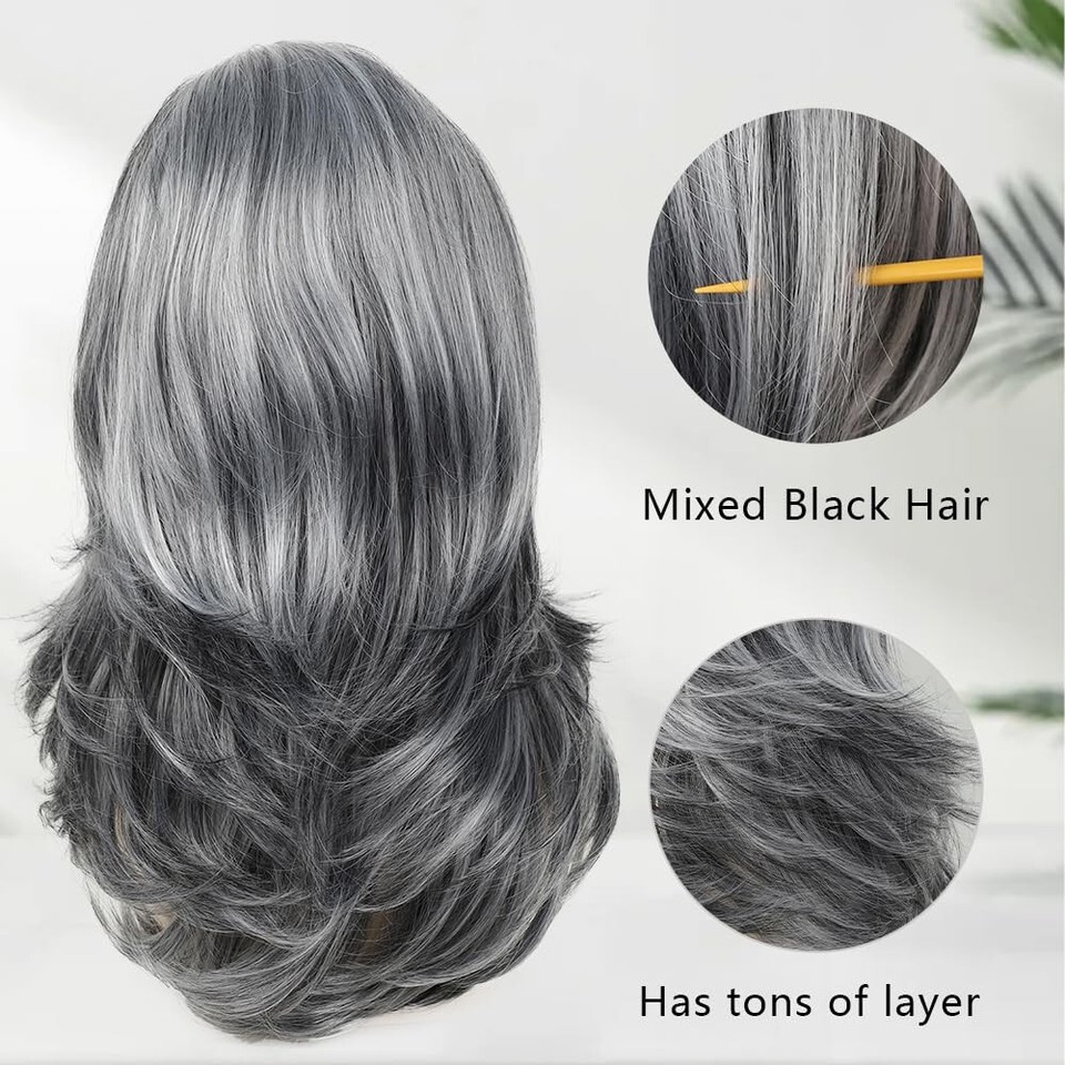 Biolage Black Grey Silver Mix Wig women daily party 20" layered ...