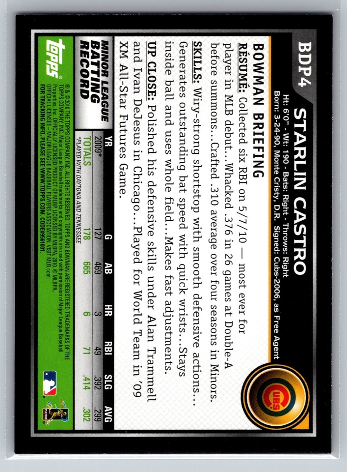 2010 Bowman Draft Picks & Prospects #BDP4 Starlin Castro CUBS SAVE ON 2 ...