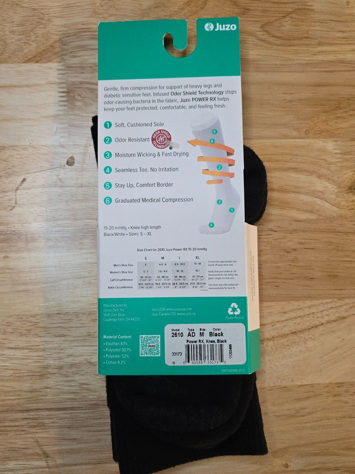 Juzo 2610 Power RX Diabetic Compression Socks - 15-20 mmHg Black Medium ...