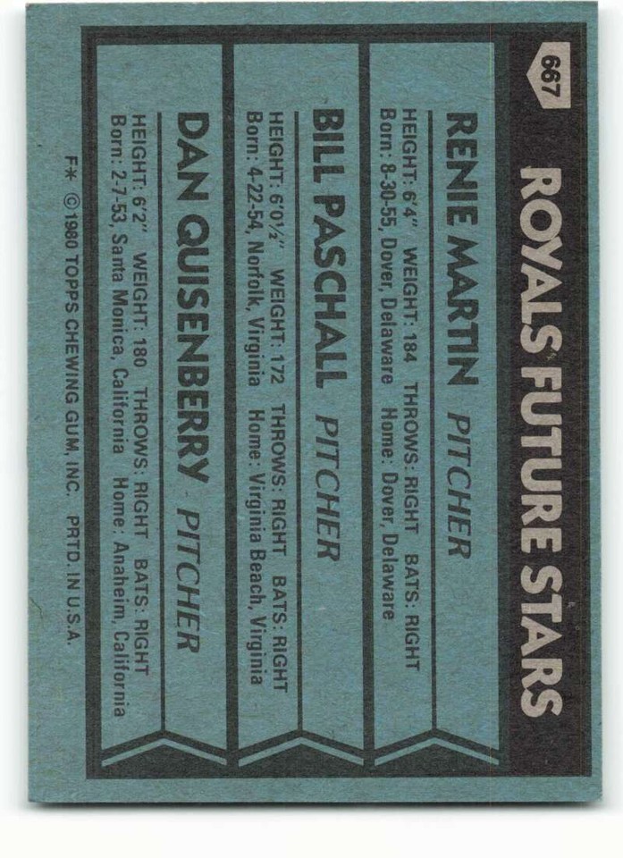 1980 Topps #667 Renie Martin/Bill Paschall/Dan Quisenberry EX/NM RC Ro ...
