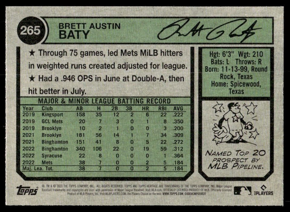 2023 Topps Heritage Brett Baty Rookie G48 New York Mets #265 | eBay