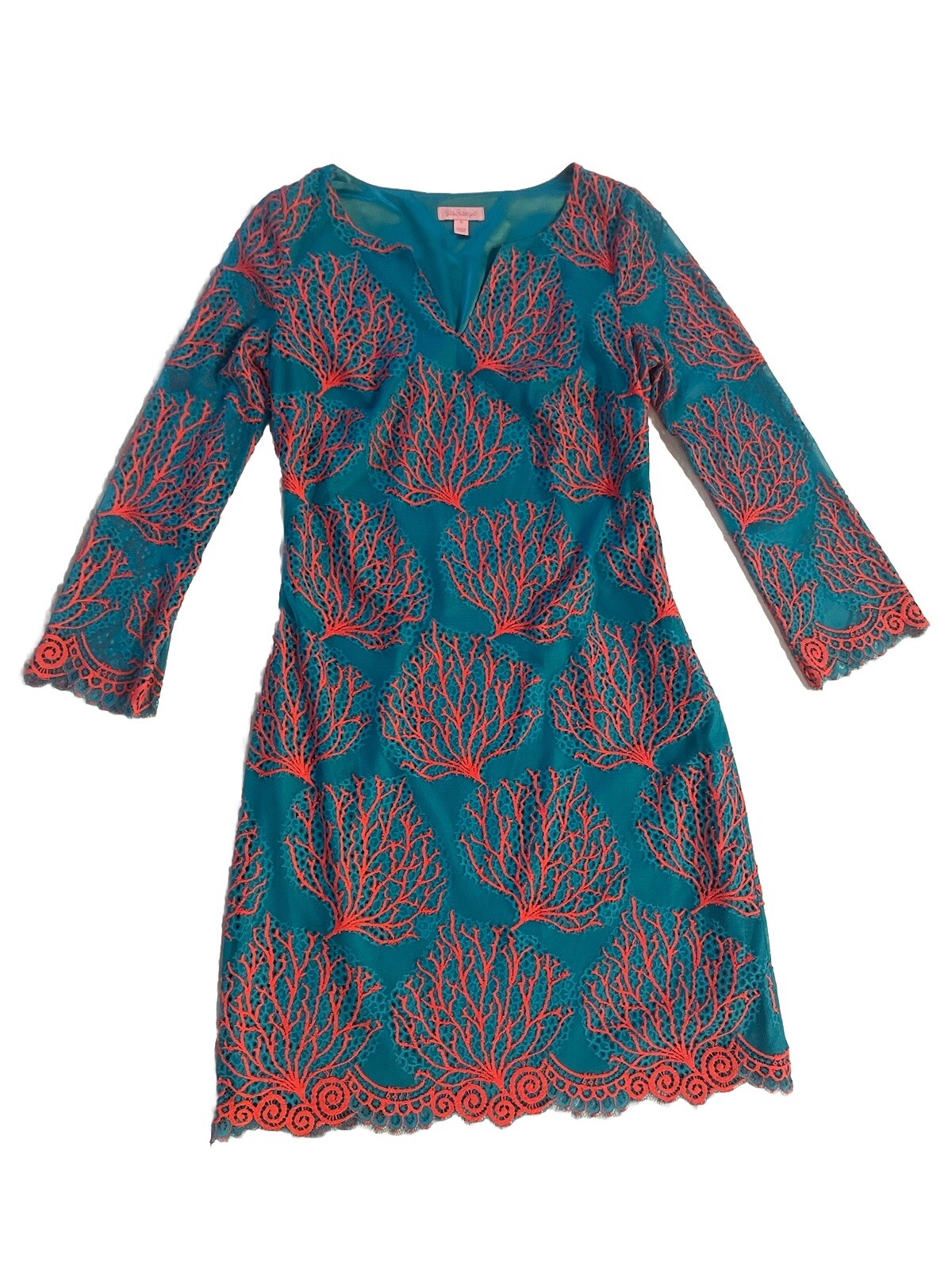 Lilly Pulitzer Long Sleeve Mini Dress 6 S Small Pink Coral Lace Teal ...