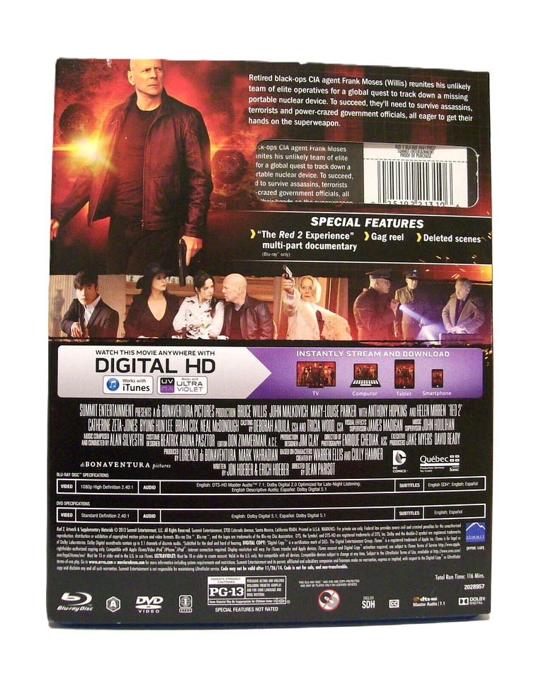 "RED 2 (2013)" Action-Comedy BLU-RAY + DVD (2013) Bruce Willis, John ...
