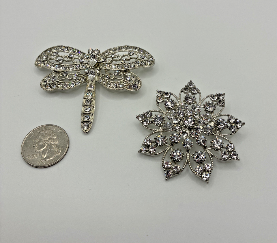Dragonfly Brooch and Snowflake Rhinestone Pin Lot Silver Tone Sparkle ...