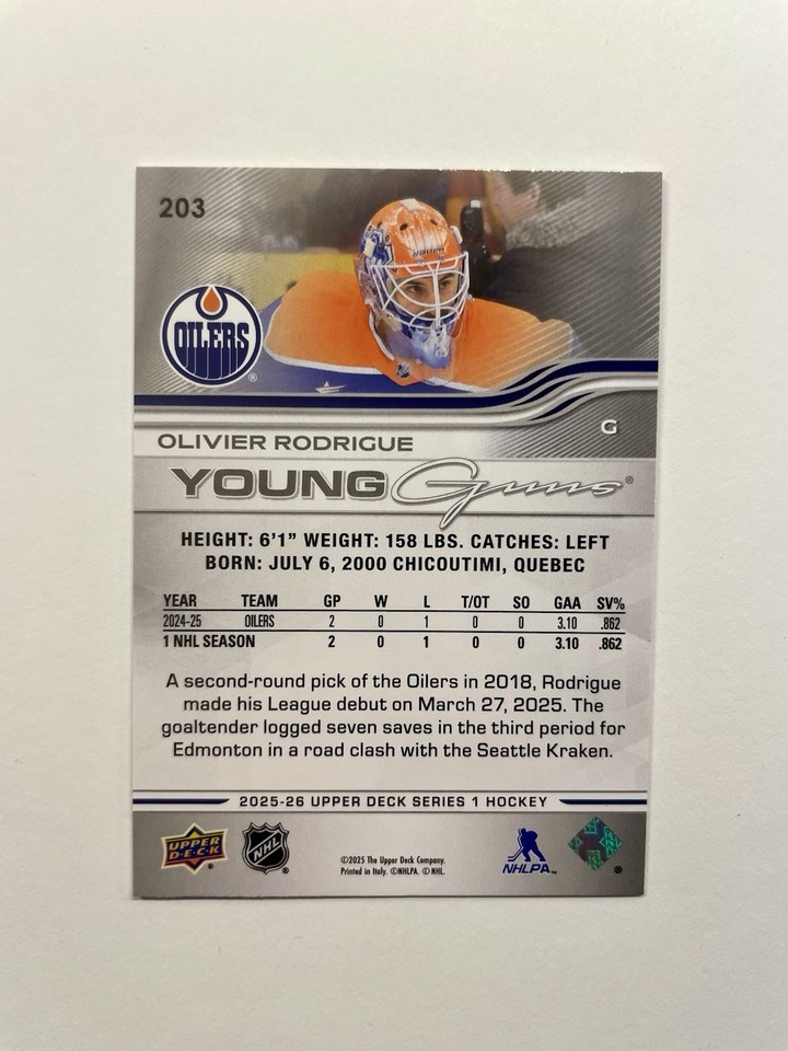 2025-26 Upper Deck Young Guns Olivier Rodrigue Rookie Card #203 Oilers ...
