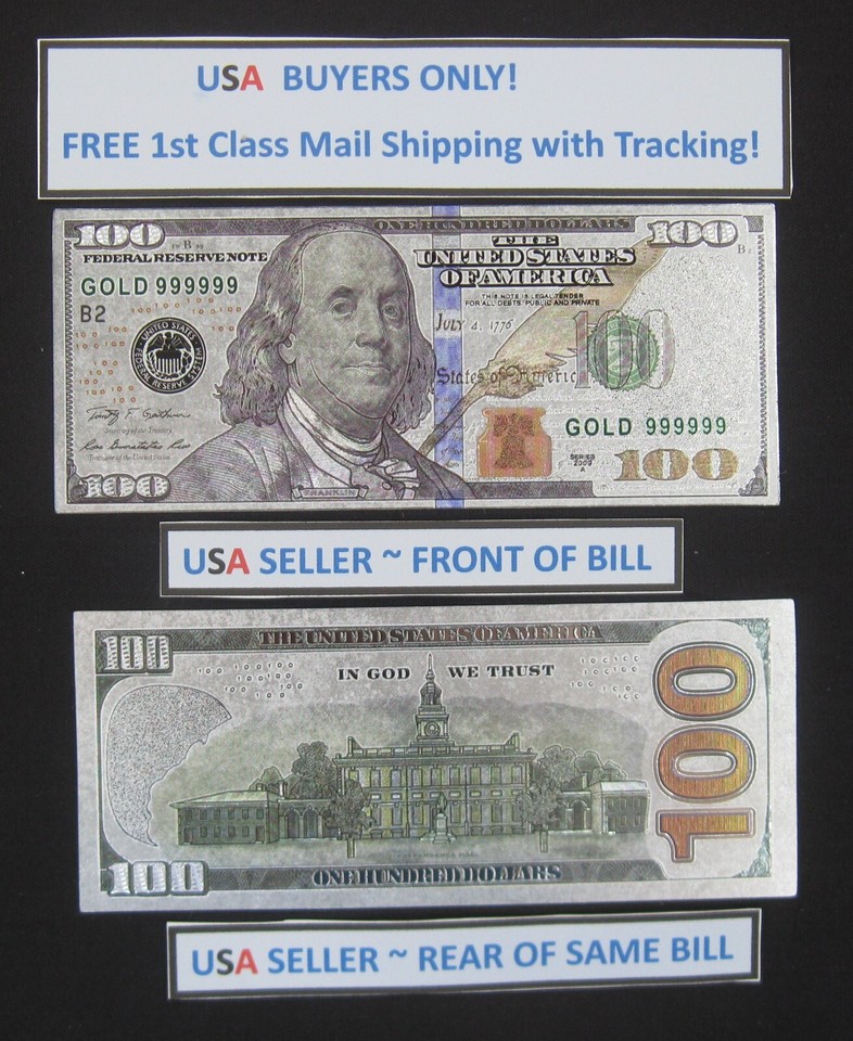 6 Different New Style 24K Foil $100 Bills in Color From Gold to Silver ...