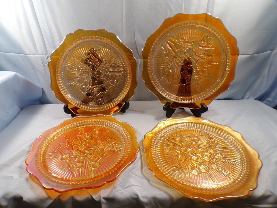 Set of 4 Jeannette Marigold Iridescent Glass Iris & Herringbone Dinner ...