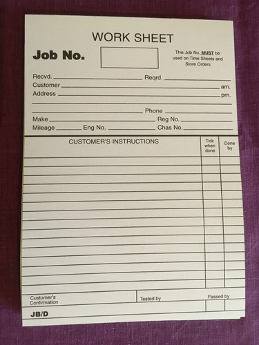 GARAGE JOB CARD WORKSHOP WORK REPAIR SHEET REPAIR JOB SHEET WORK CARD ...