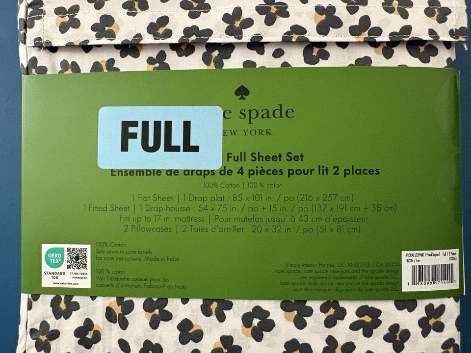 Kate Spade Leopard Floral Cotton 4PC Full Sheet Set New In Package | eBay