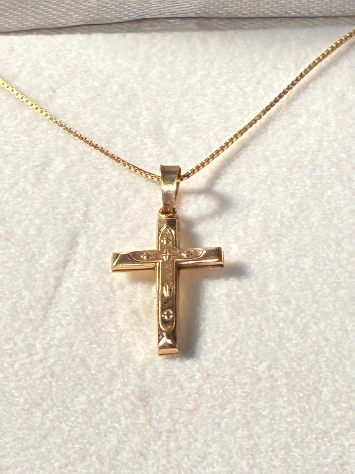 14K Yellow Gold Child Size Cross Pendant w/ 14K Gold Chain–Etched ...