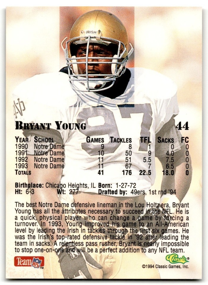 1994 CLASSIC NFL DRAFT BRYANT YOUNG RC SAN FRANCISCO 49ERS #44 | eBay