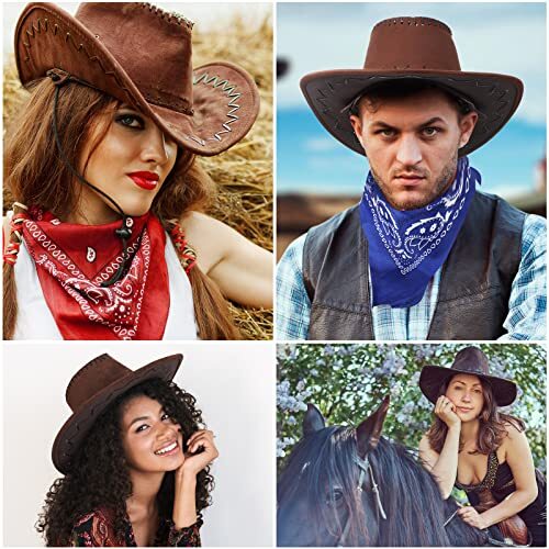 12 Pieces Cowboy Hats and Bandanas Bulk Cowboy Cowgirl Hats Deep Coffee ...