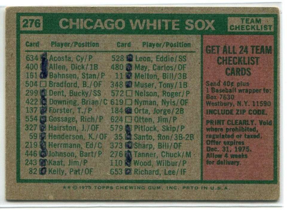 BEE BEE RICHARD & EDDIE LEON 1975 Topps WHITE SOX TEAM Authentic ...