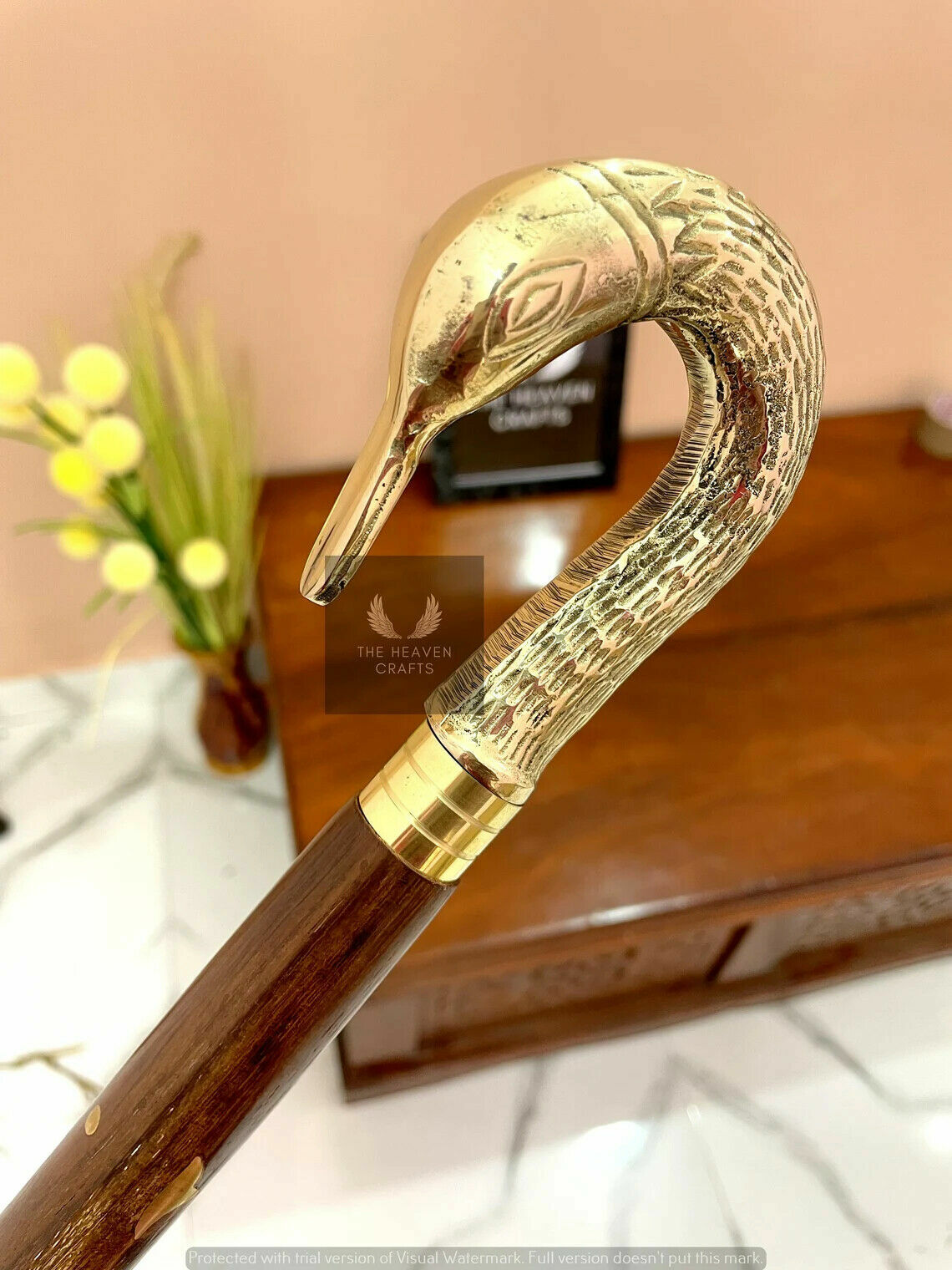 Brass Duck Handle Walking Cane Wooden Three Fold Walk… - Gem