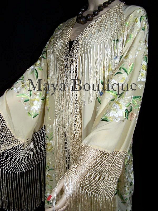Embroidered Silk Opera Coat Kimono Fringe Jacket Birds & Flowers ...