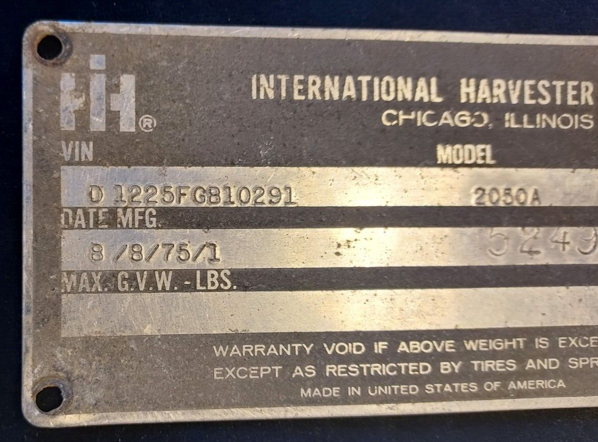 1975 International Harvester Co Chicago VIN Plate Serial Number Model ...