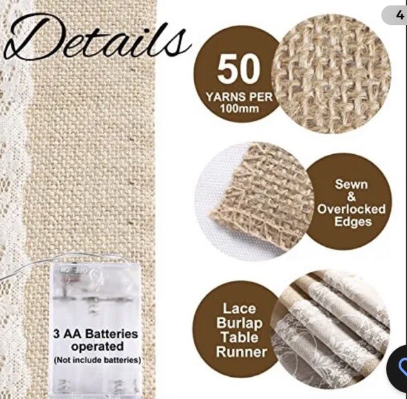 Burlap Table Runner with LED String Lights 12 x 108 Inches Jute Battery ...