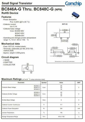 BC847B-G 1F 45V 0.1A 200mW NPN Small Signal Silicon Transistor SMD SOT ...