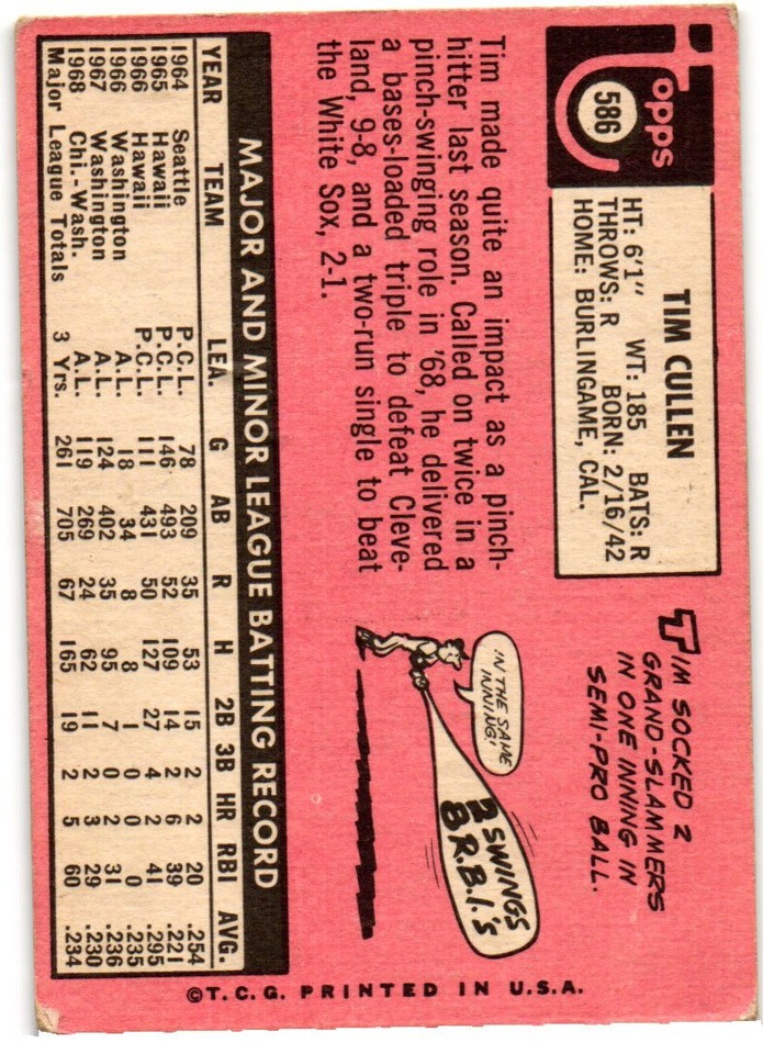 1969 Topps #586 Tim Cullen Washington Senators | eBay