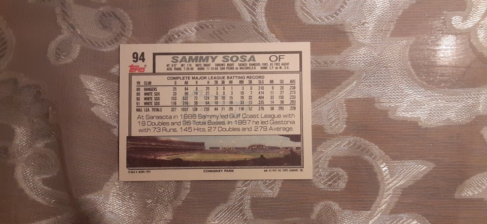1992 Topps SAMMY SOSA Card #94 - WHITE SOX | eBay
