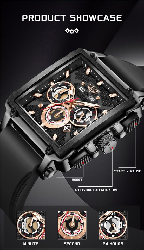 LIGE Men Watch Rectangle Sport Quartz Wristwatch Silicone Strap Male ...