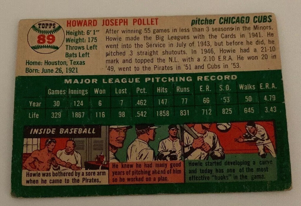 1954 Topps # 89 Howie Pollet Baseball Card Chicago Cubs | eBay