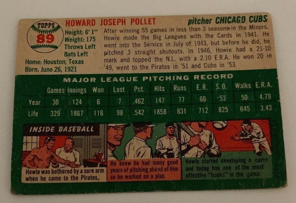 1954 Topps # 89 Howie Pollet Baseball Card Chicago Cubs | eBay