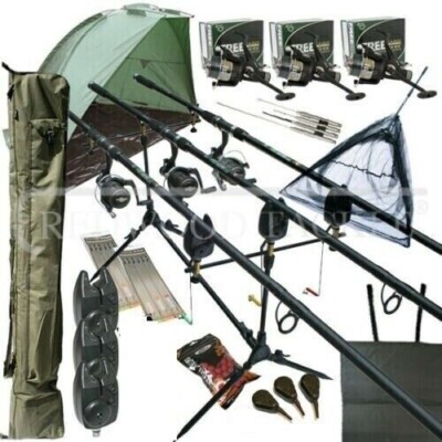 Full Carp Fishing Set Up Kit Rods Reels Rigs Pod Net Alarms Bait Tackle ...