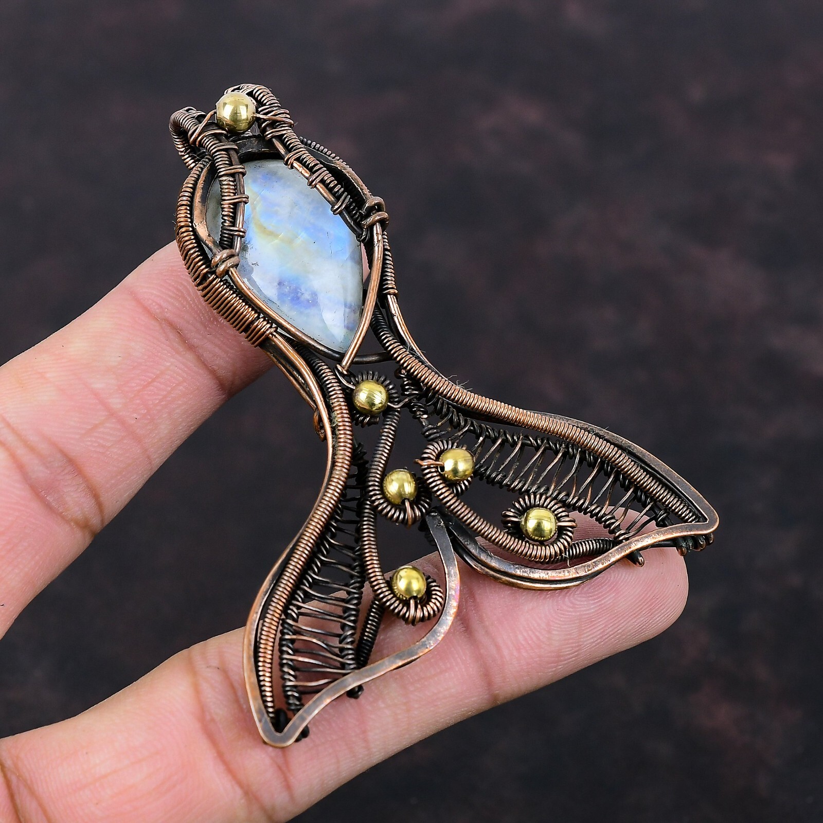 Rainbow Moonstone Wire Wrapped Fish Pendant Handcrafted Copper Ethnic 2 ...