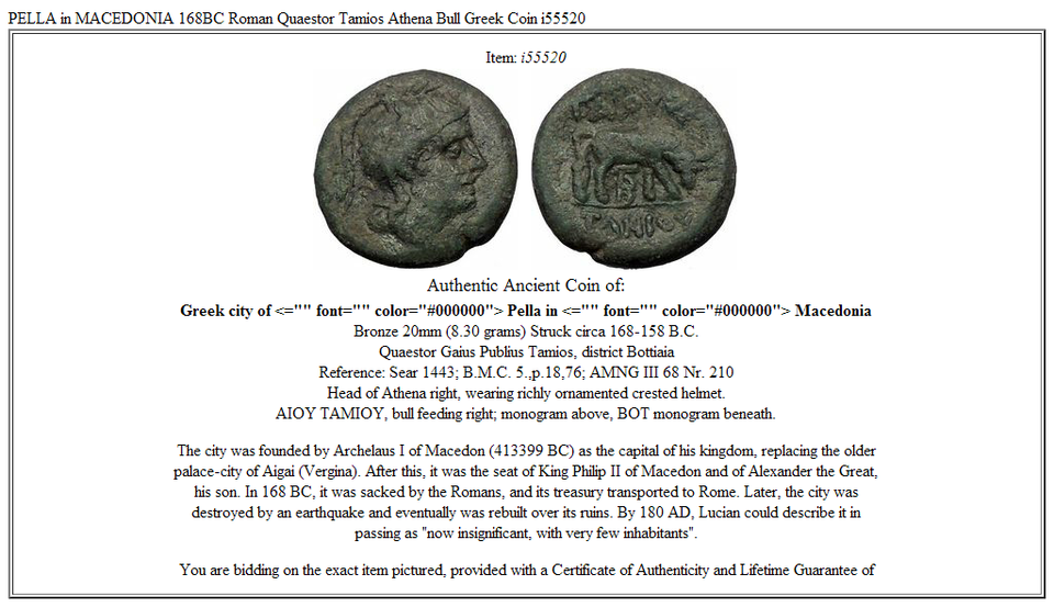 PELLA in MACEDONIA 168BC Roman Quaestor Tamios Athena Bull Greek Coin ...