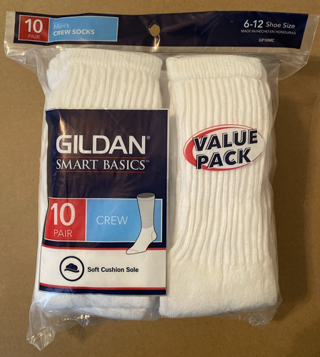 GILDAN Smart Basics Men’s Crew Socks White Size 6-12 Soft Cushion Sole ...