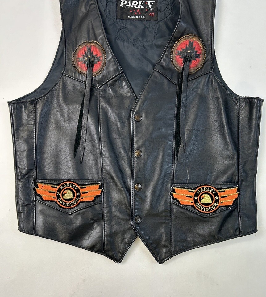 Vtg Harley Davidson Park 5 Leather Biker Motorcycle Vest Tassels USA ...