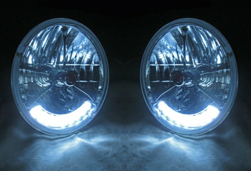 Street Hot Rod 7" Tri Bar Red Dot H4 Headlights PAIR w WHITE LED Turn ...