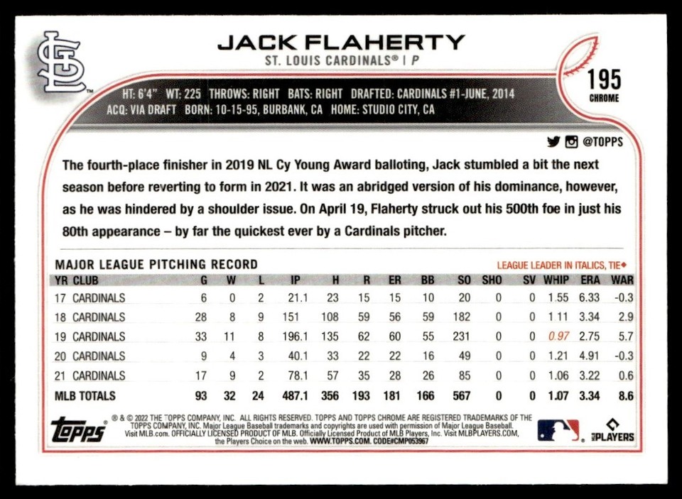2022 Topps Chrome Jack Flaherty St. Louis Cardinals #195 | eBay