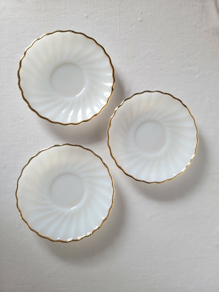 Milk Glass Saucers Swirl Gold Rim Anchor Hocking Fire King Vintage X3 ...