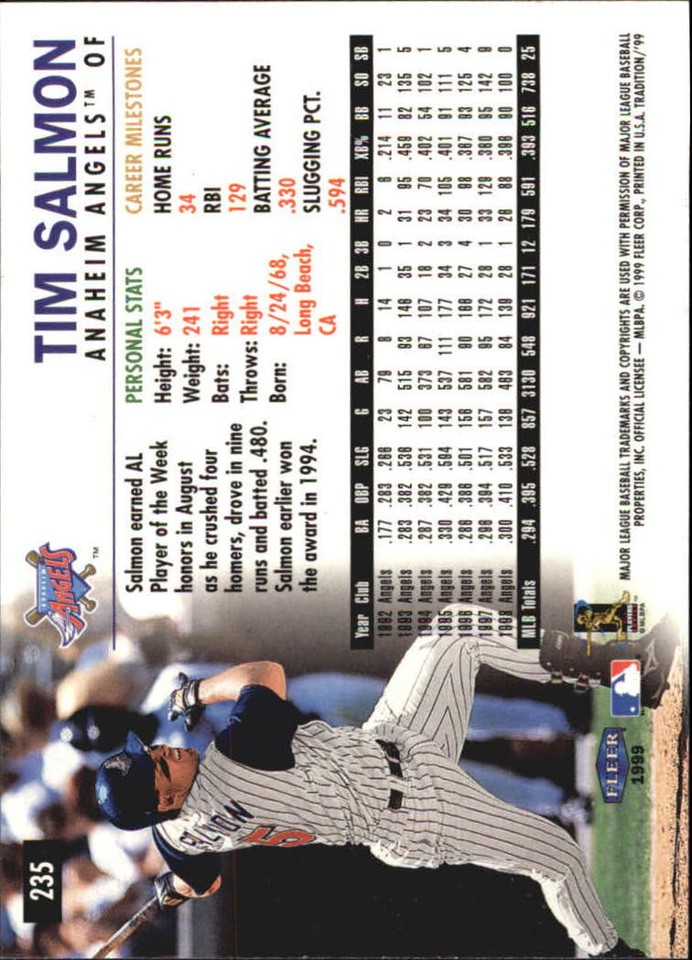1999 Fleer Tradition Millenium Anaheim Angels Baseball Card #235 Tim ...
