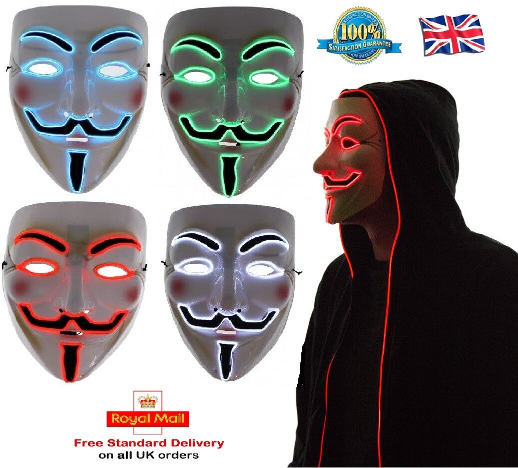 LED Halloween Mask Vendetta Light Up ANONYMOUS MASK Guy Fawkes Mask LED ...