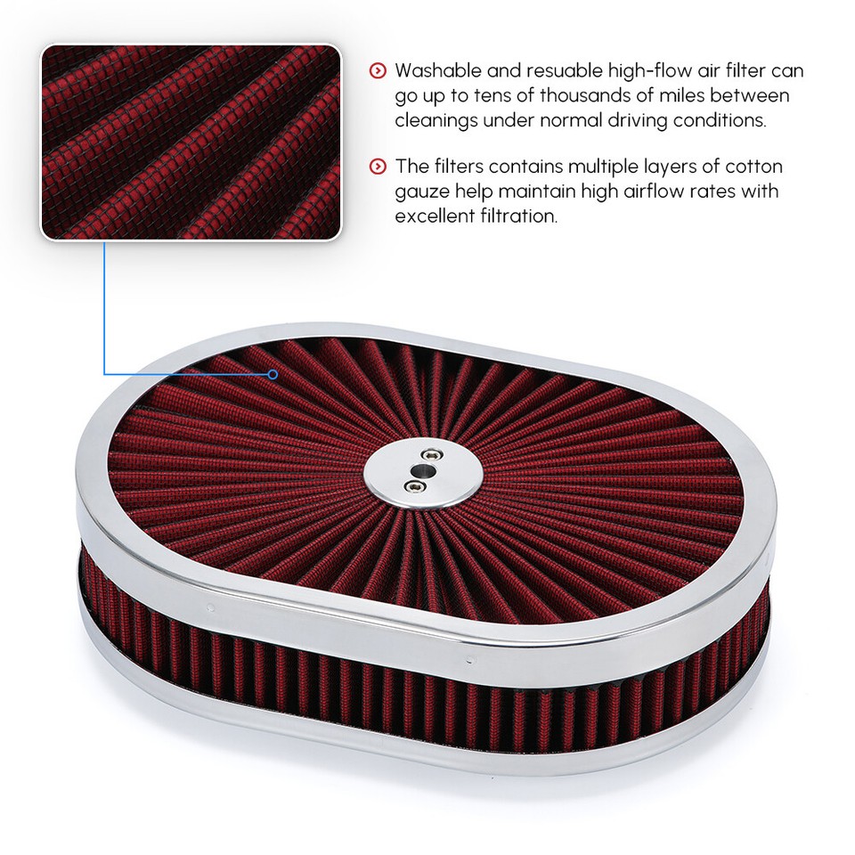 12inch Oval Flow Thru Hot Rod Air Cleaner Washable Chrome SBC BBC For ...
