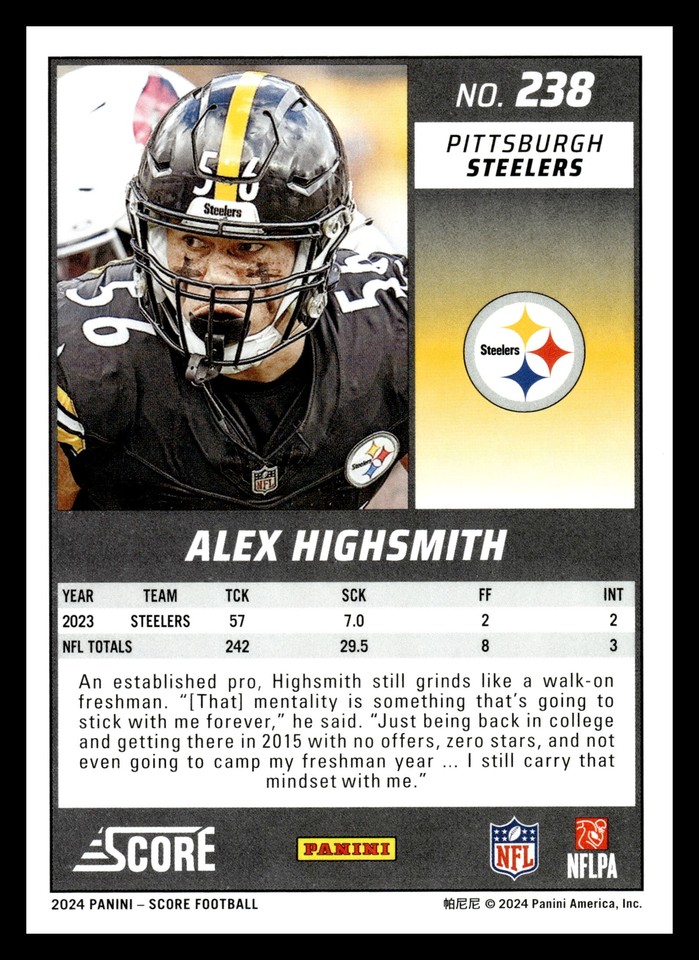 2024 Panini Score #238 Alex Highsmith Pittsburgh Steelers Football Card ...