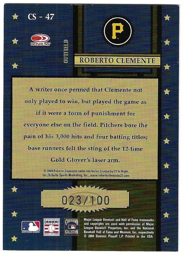 Roberto Clemente 2004 DONRUSS THROWBACK THREADS CENTURY STARS CARD ...
