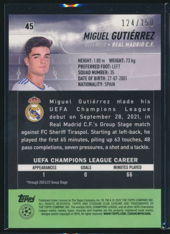 2021 Stadium Club Chrome UCL Green Refractor /150 Miguel Gutierrez #45 Rookie RC | eBay