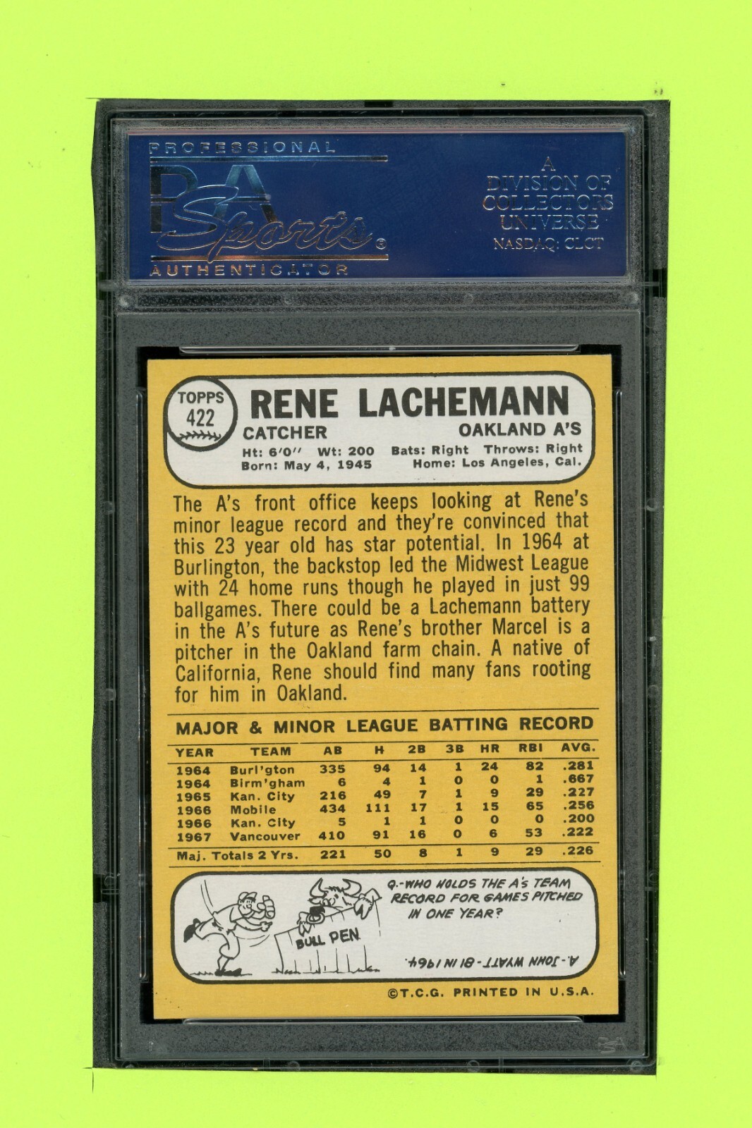 1968 TOPPS #422 RENE LACHEMANN PSA 9 | eBay