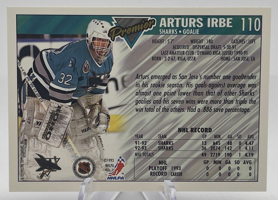 1993-94 Topps Premier Sharks Hockey Card #110 Arturs Irbe 1993 🏒🔥 | eBay